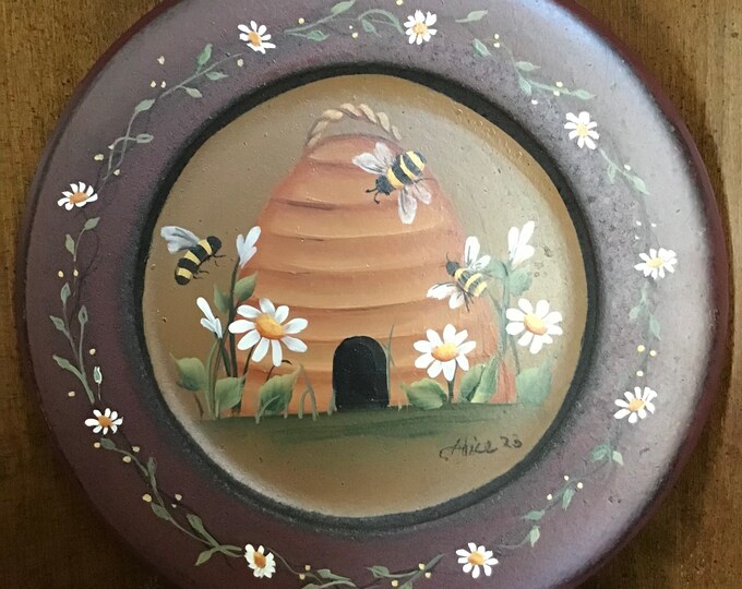Hand Painted Primitive Wood Plate With a Beehive and Bees - Etsy