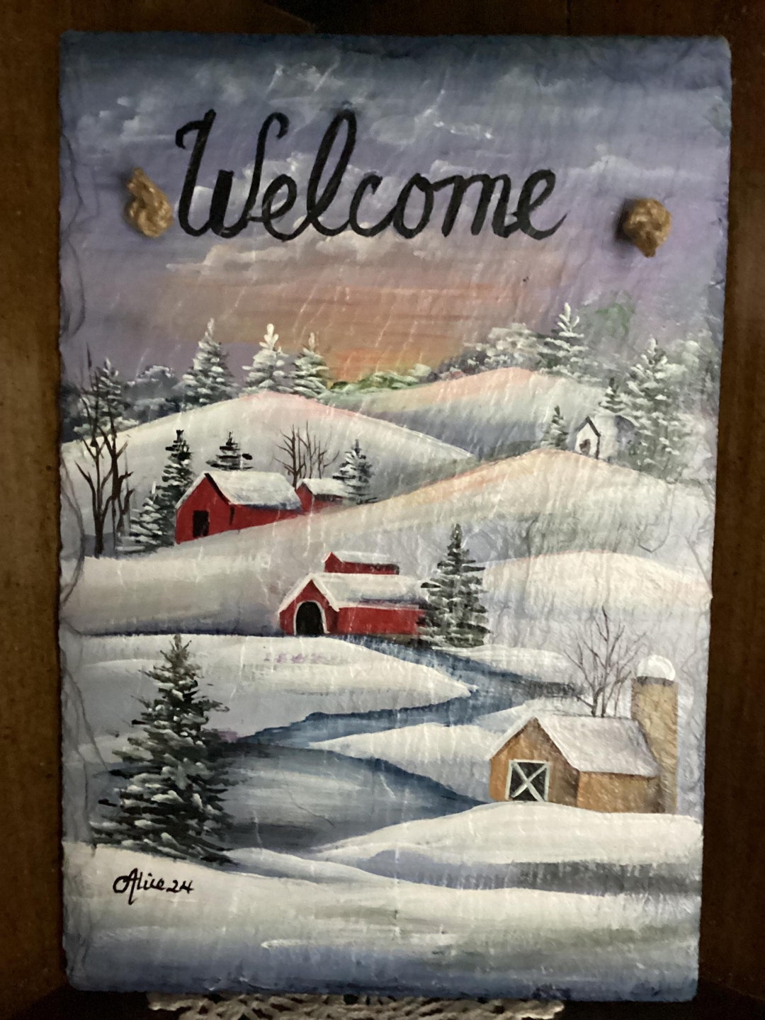 Painted Winter Scene Welcome Slate - Etsy