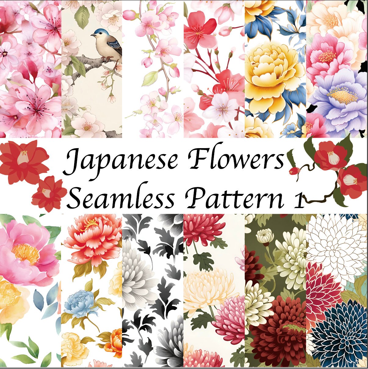 Japanese Flowers SEAMLESS Patterns, Digital Paper, 12 Designs 12x12in ...