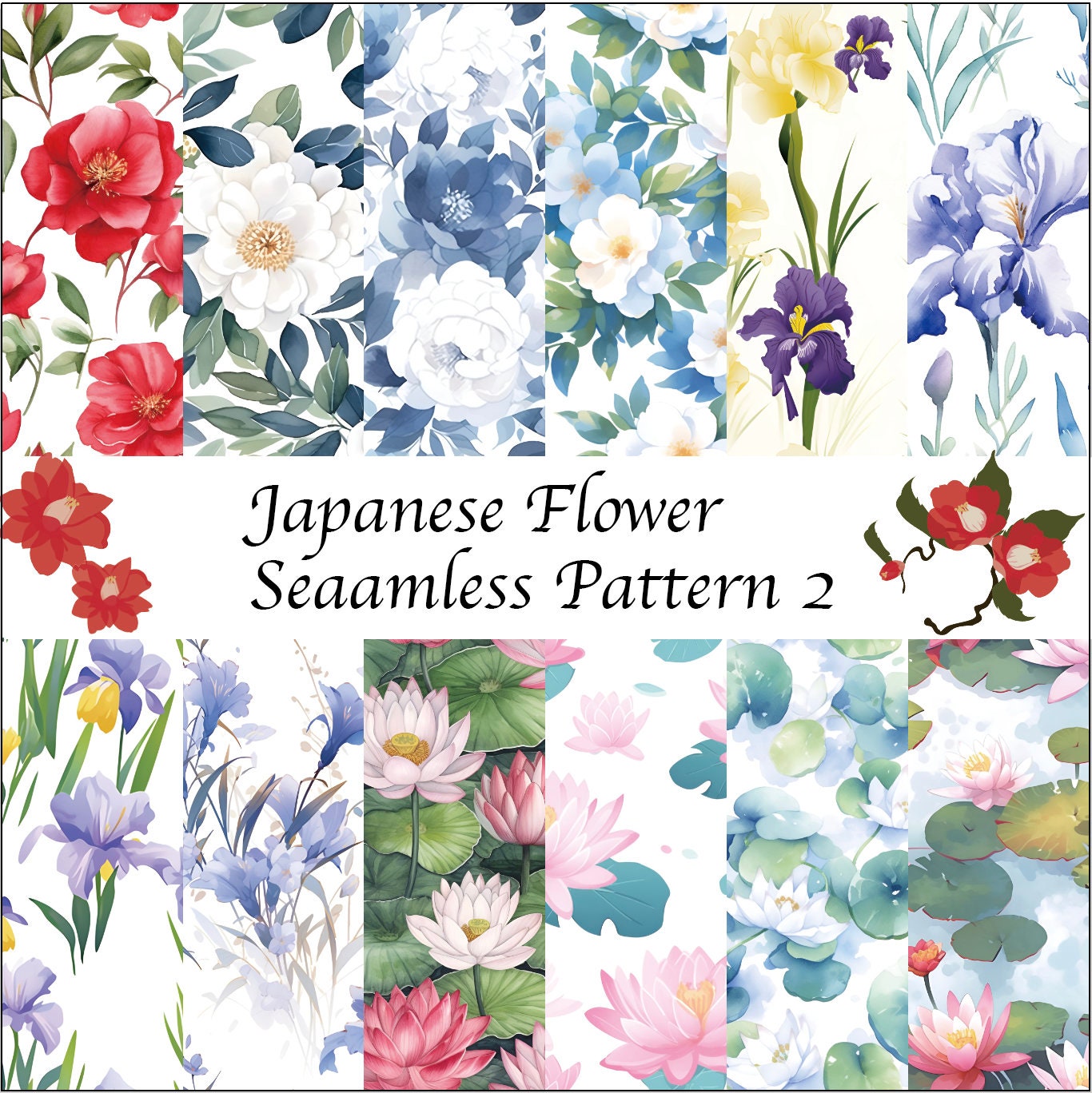 Japanese Flowers SEAMLESS Patterns, Digital Paper, 12 Designs 12x12in, Junk Journal ...