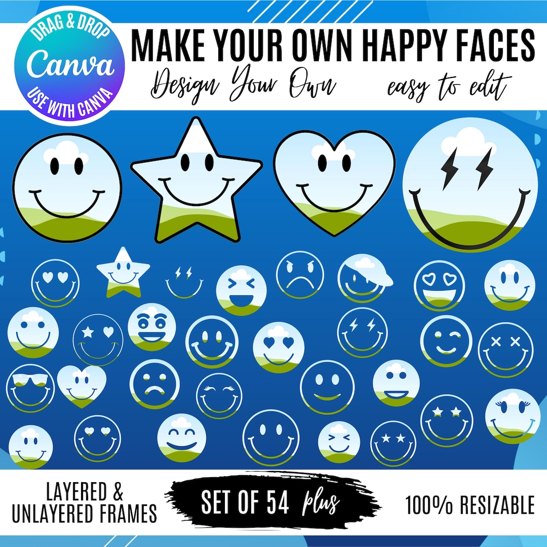 Cute Happy Face Canva Bundle, Customizable & Layered Smiley Face ...