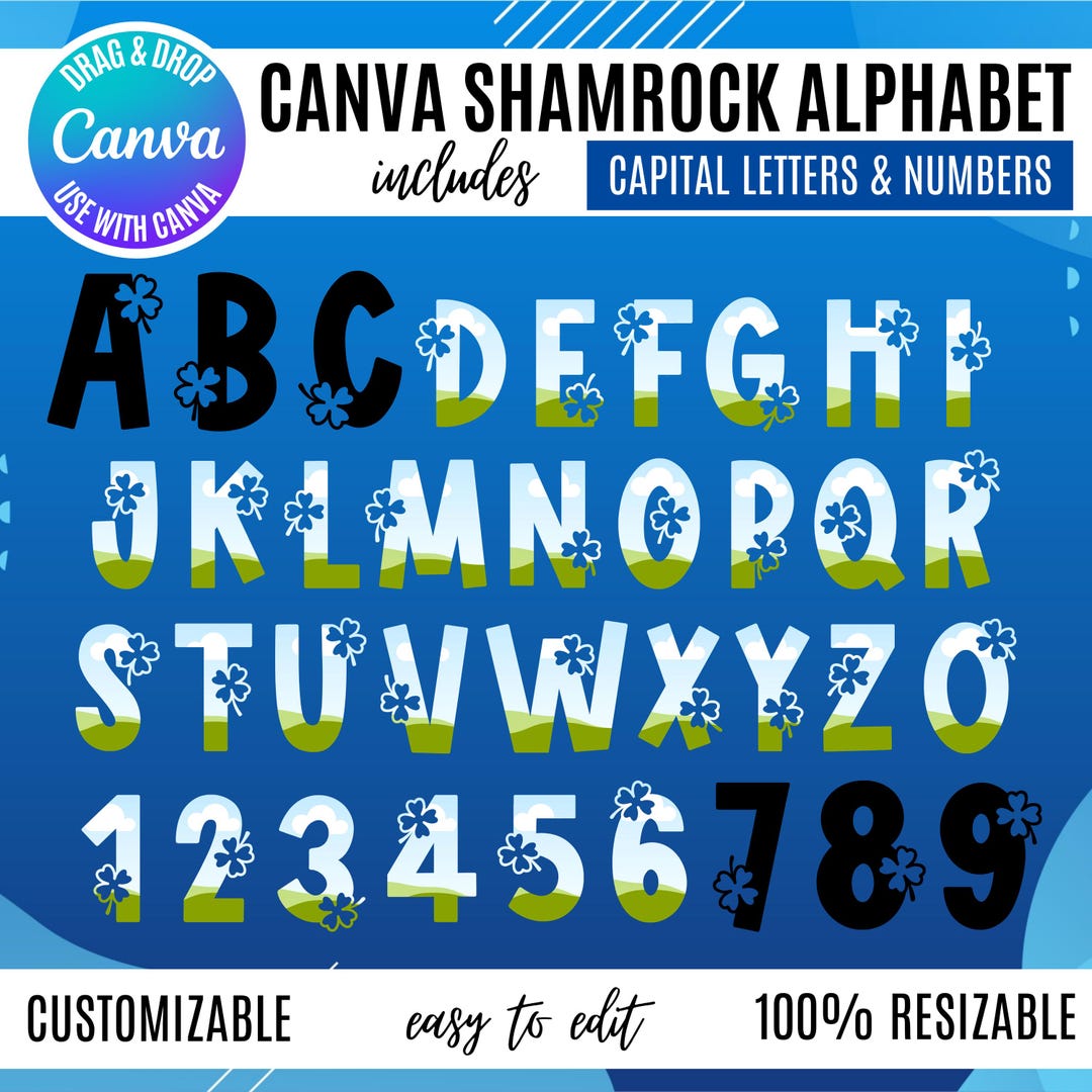 Shamrock Alphabet Letters & Numbers Canva Bundle, St Patrick’s Day ...