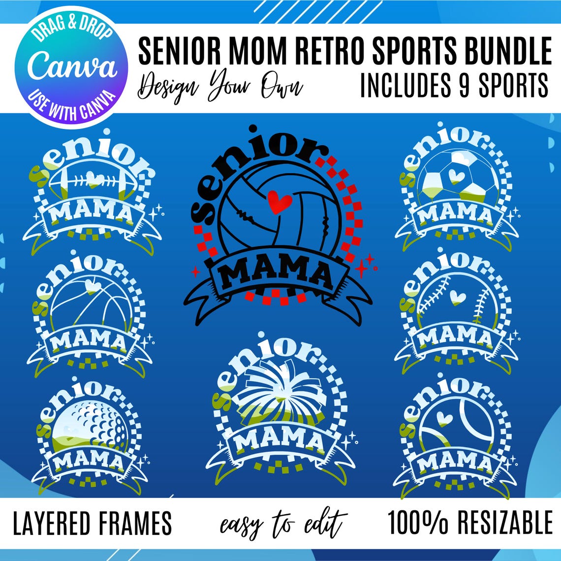 Senior Mama Sports Canva Frames Bundle: Varsity Template (digital ...