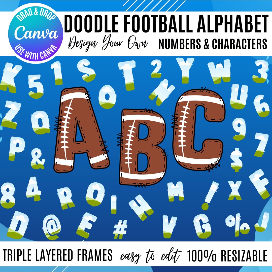 Football Doodle Letters Canva Frame Template: Sports Alphabet (digital ...
