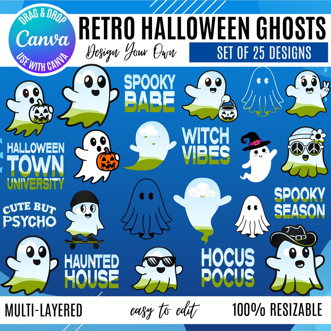 Halloween Ghost Clipart Bundle: Retro Canva Templates (digital Download ...