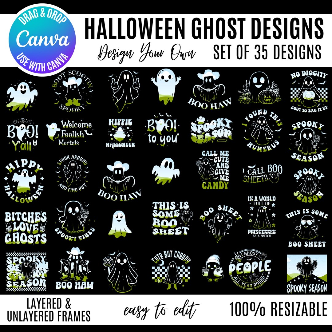 Canva Halloween Ghost Bundle, Cute Ghost Clipart & Templates, Spooky ...