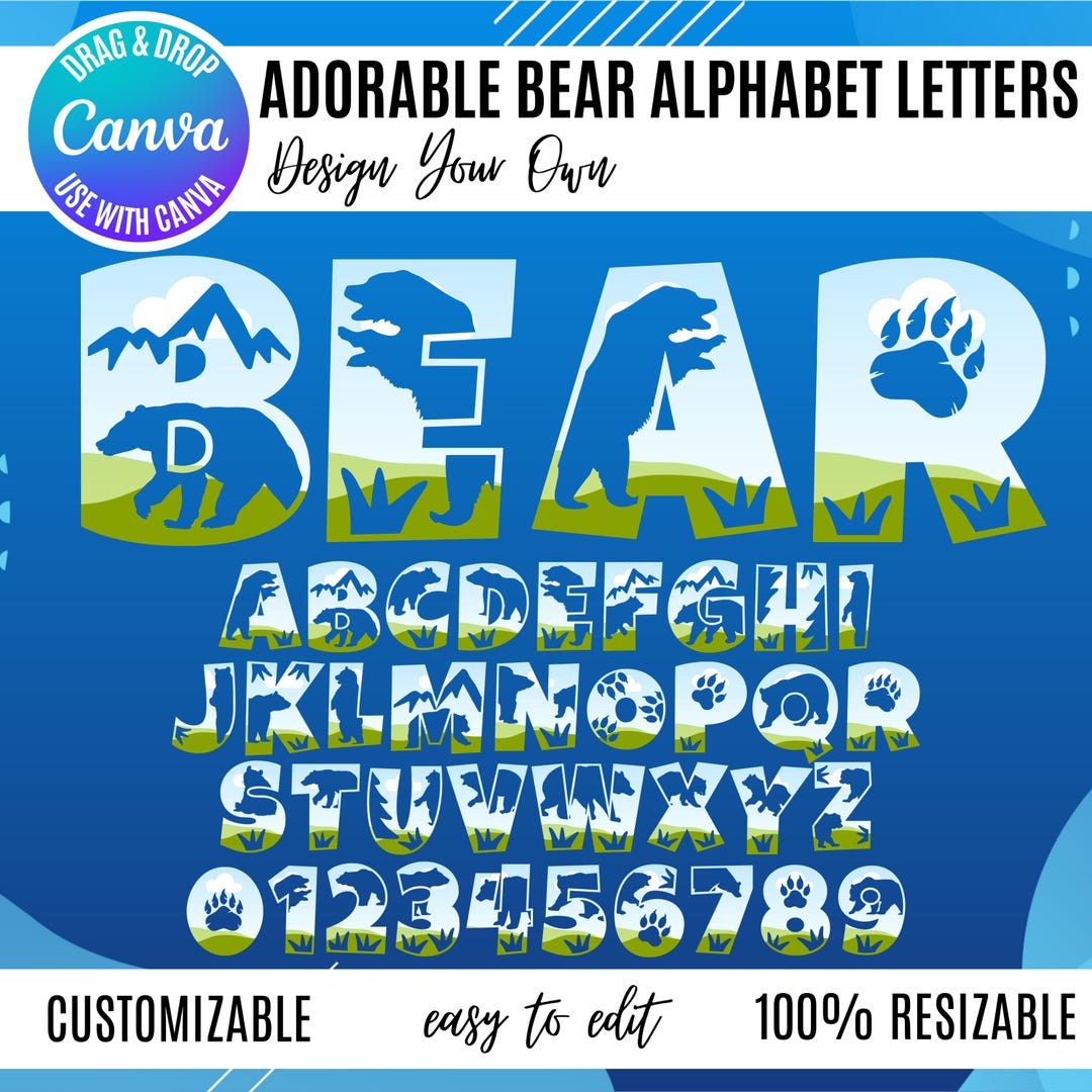 Bear Alphabet Canva Templates, Cute Bear Alphabet Canva Frame, Drag ...