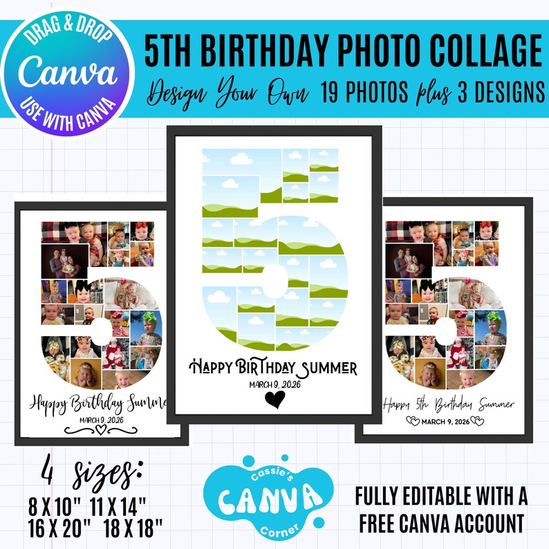 5th Birthday Photo Collage Template: 19 Photo Number 5, Editable Canva ...