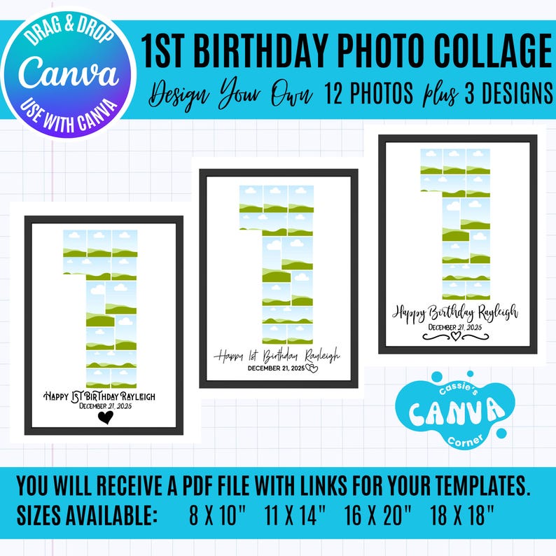 1st Birthday Photo Collage Template: Number One - Editable Canva Design ...