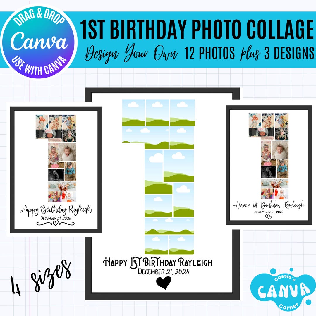 Canva 1st Birthday Photo Collage Template, 12 Photo Number 1 Collage ...