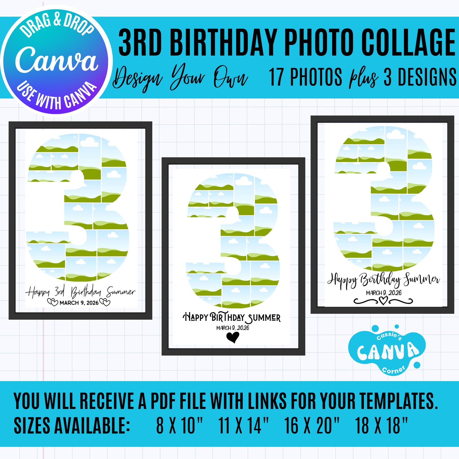 3rd Birthday Photo Collage Template: Number 3, Canva Editable (digital ...