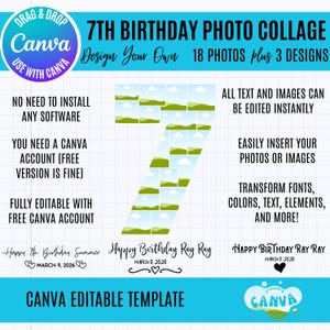 7th Birthday Photo Collage Template: Number 7 Design (canva Editable ...