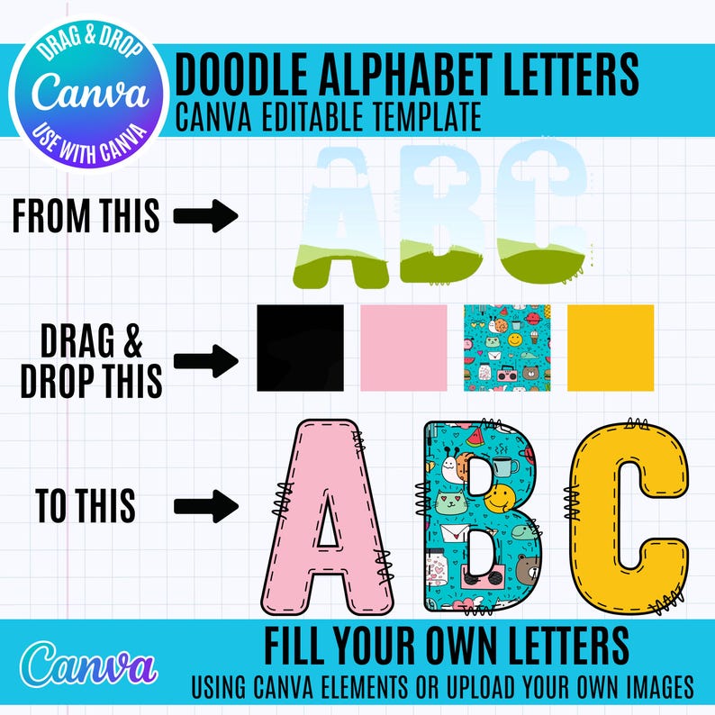 Doodle Letters Canva Frame Template: Drag & Drop Alphabet (digital ...
