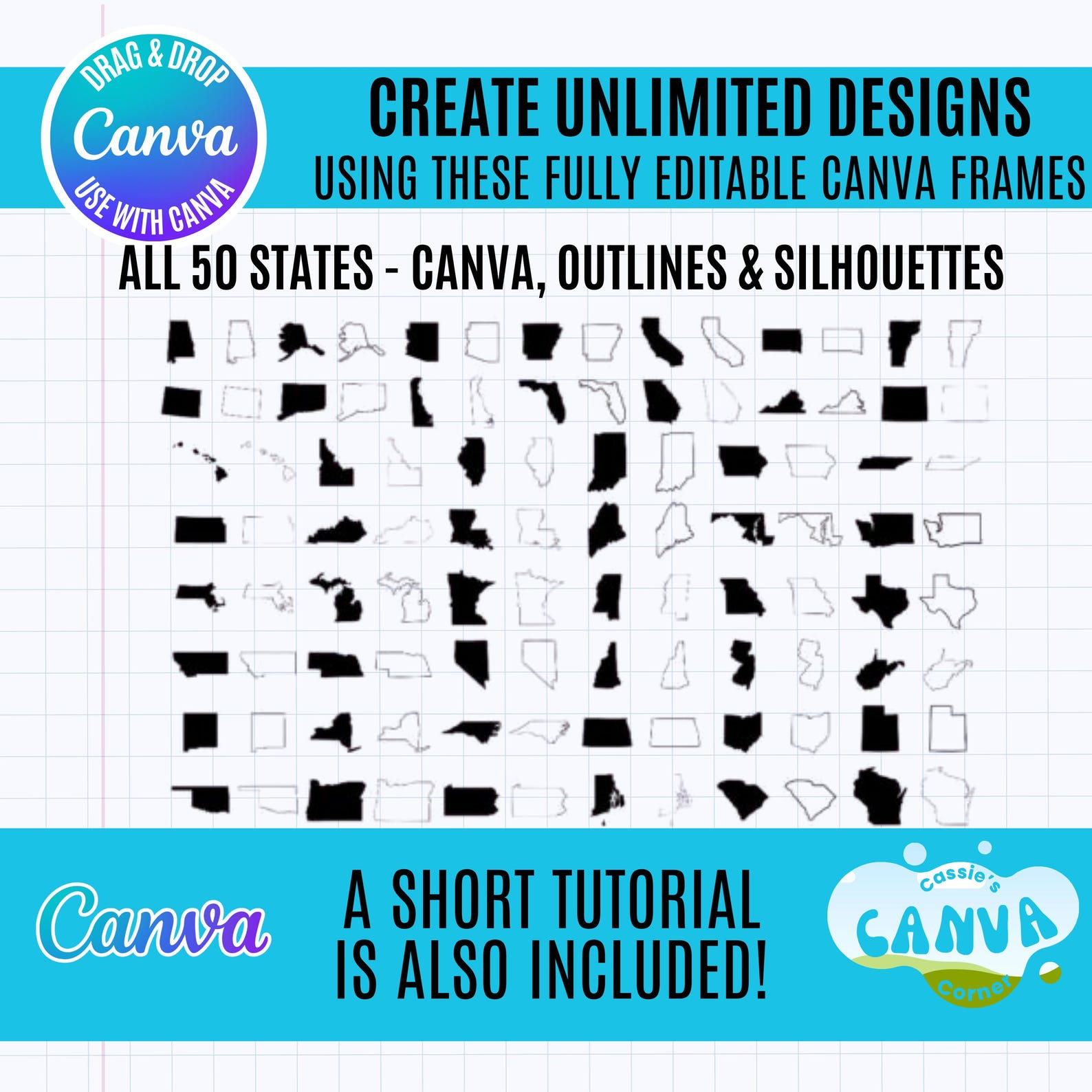 USA States Canva Template: All 50 Outlines & Silhouettes (digital ...