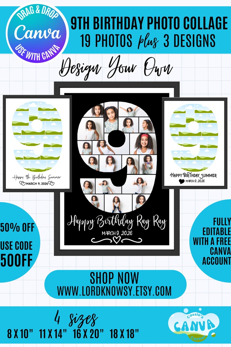 9th Birthday Photo Collage Template: 19 Photo Number 9, Editable Canva ...