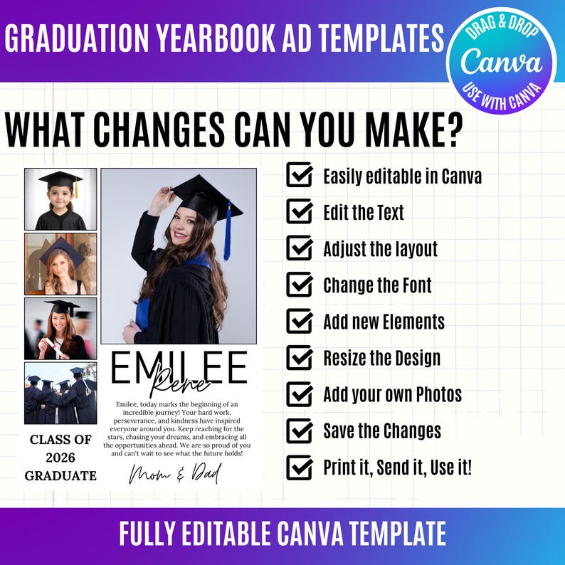 Canva Graduation Yearbook Ad Templates, Full, Half, Quarter Page ...