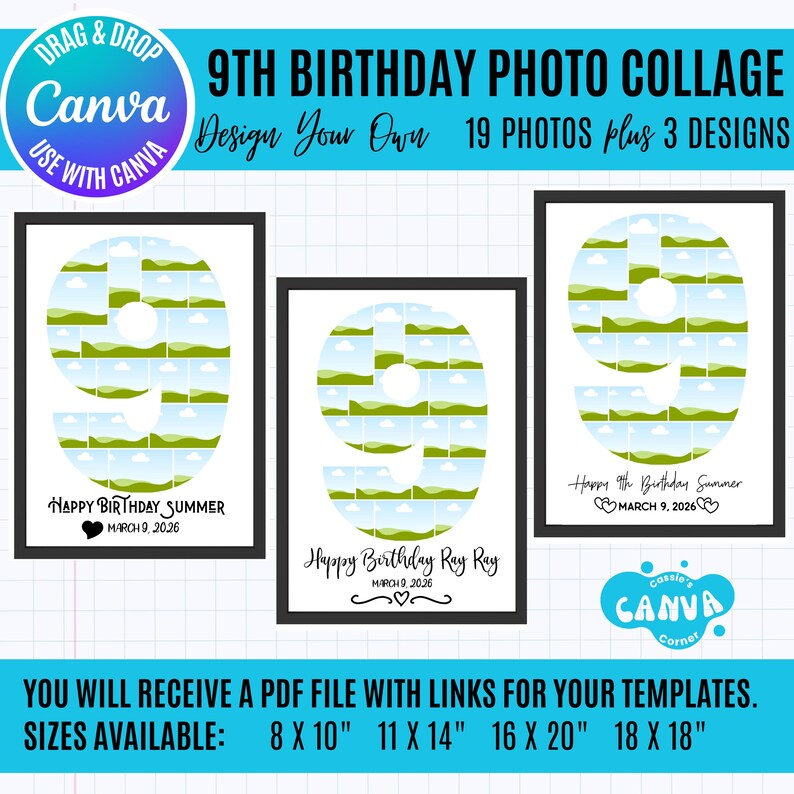 9th Birthday Photo Collage Template: 19 Photo Number 9, Editable Canva ...