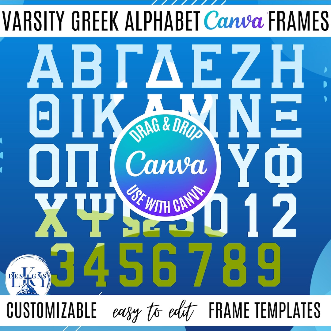 Greek Alphabet Canva Templates, Greek Varsity Alphabet Canva Frame ...