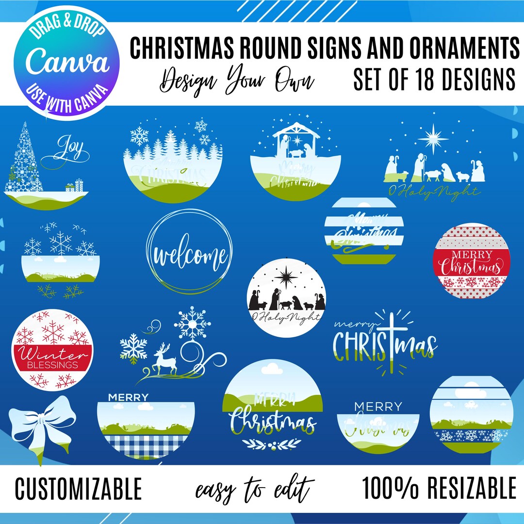 Christmas Round Sign & Ornament Canva Templates: 18 Editable Holiday ...