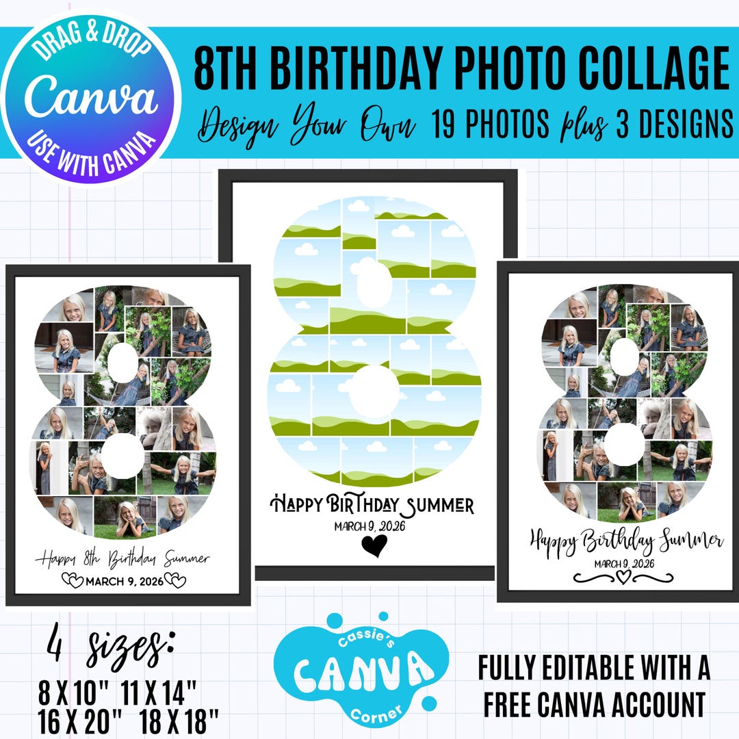 8th Birthday Photo Collage Template: Number 8, 19 Photos (canva ...