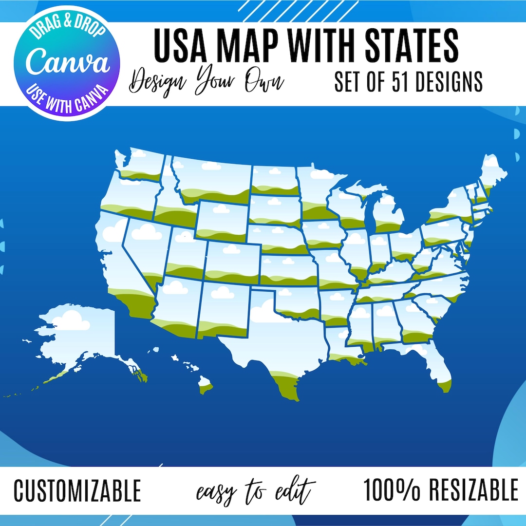 USA States Map Canva Template: 50 United States Frames (digital ...