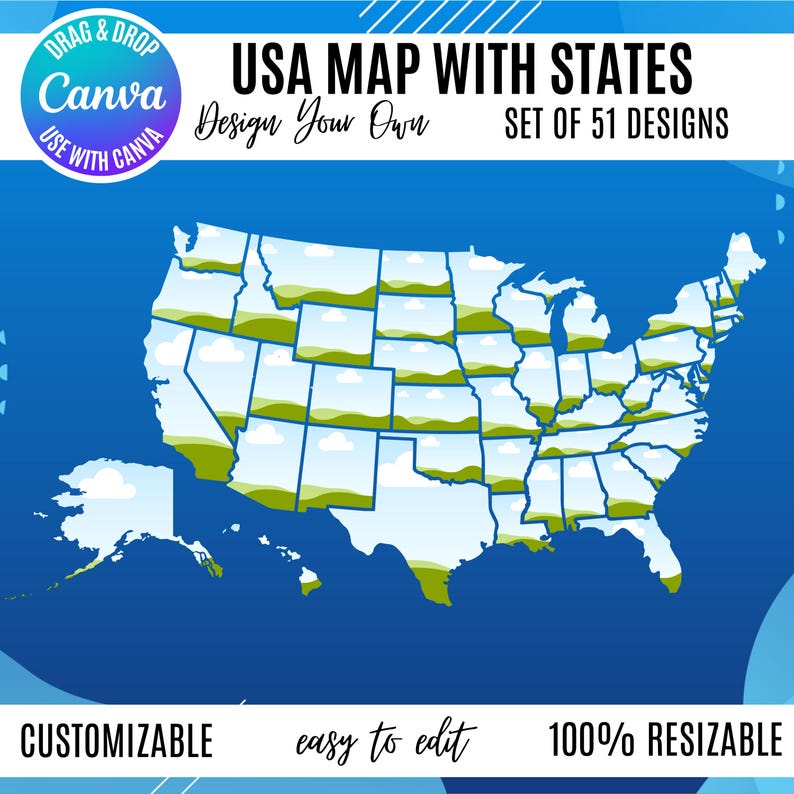 USA States Map Canva Template: 50 United States Frames (digital ...