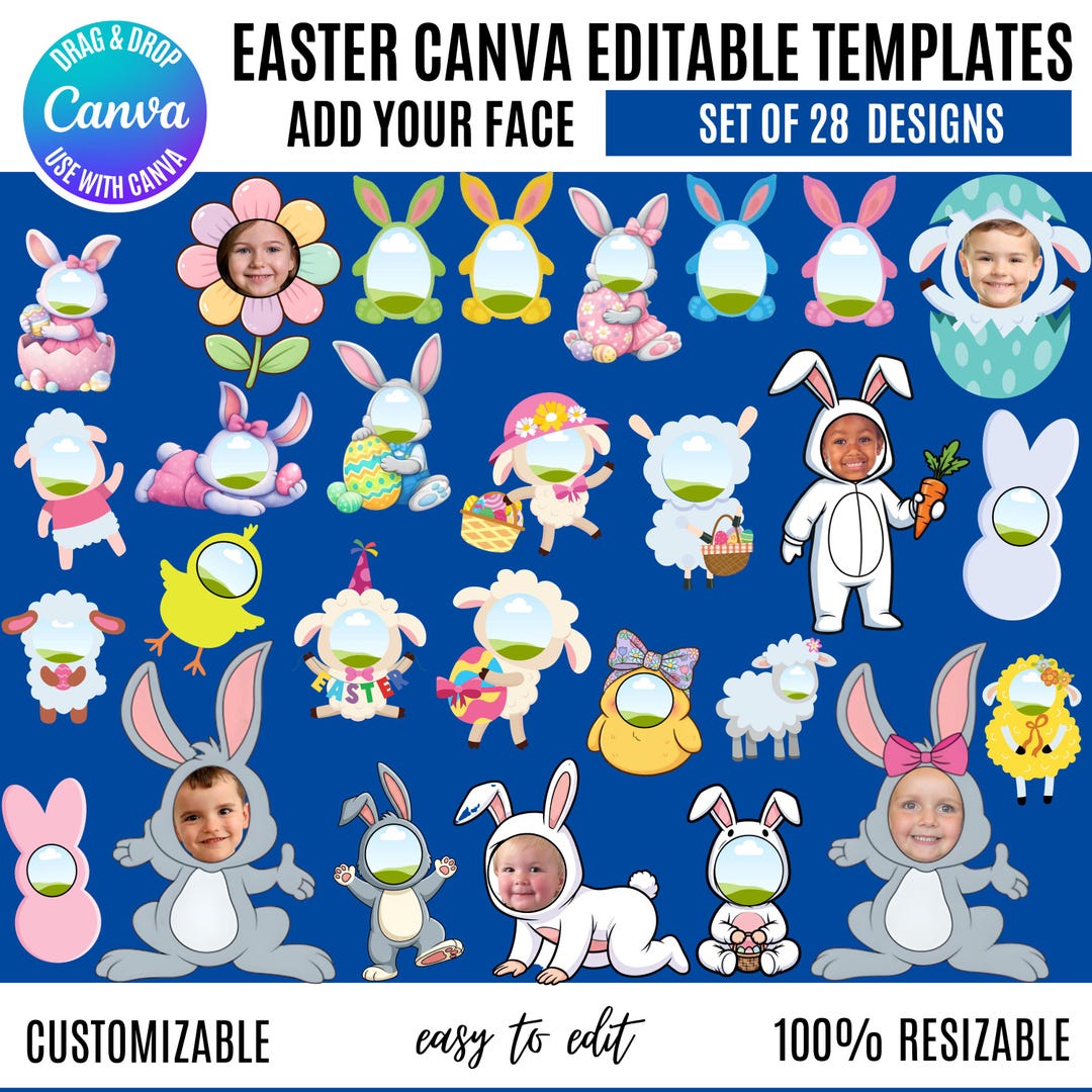Easter Face Insert Canva Bundle, Cute Easter Characters, Bunny Boy ...