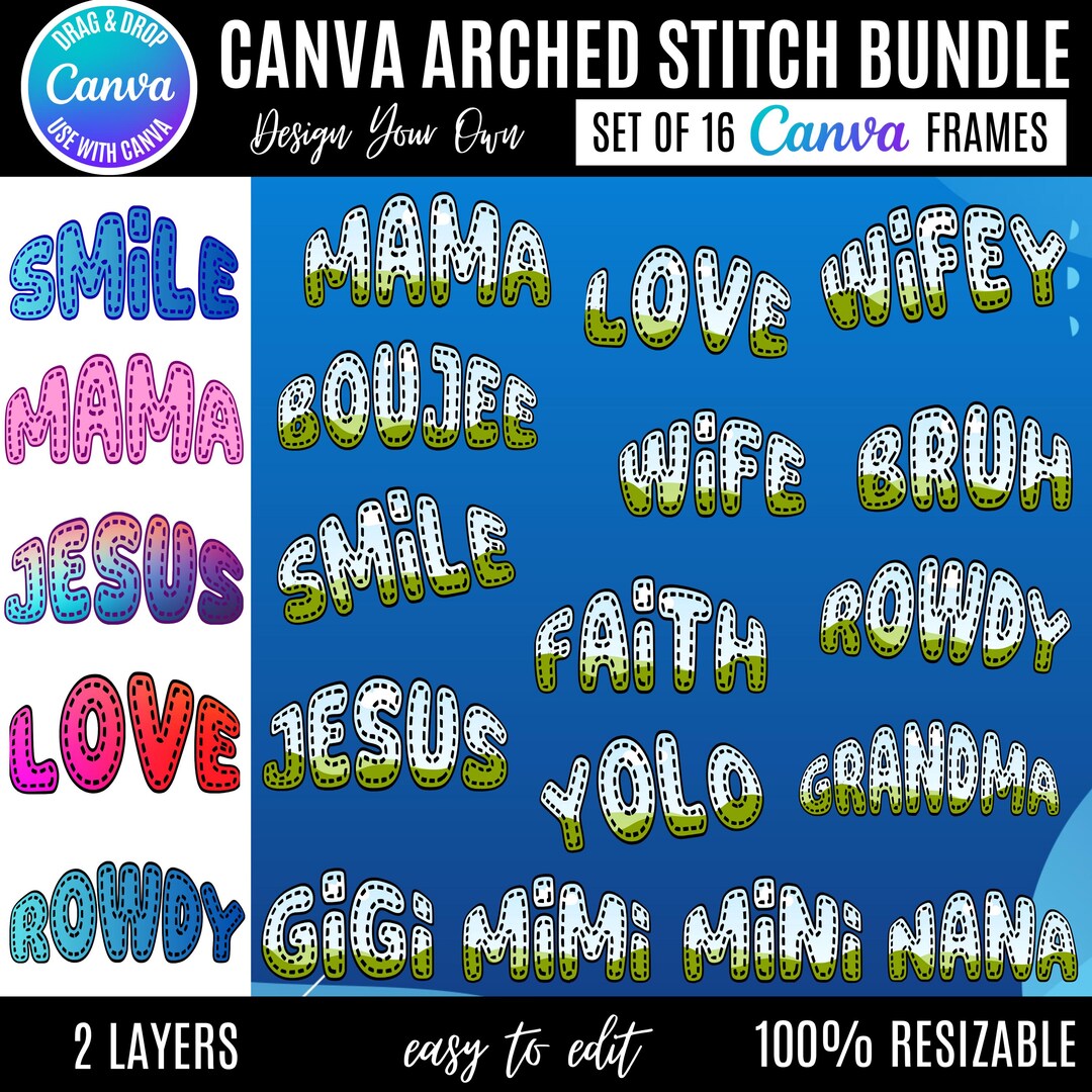 Stitched Canva Arched Word Designs, Embroidery Style (editable ...