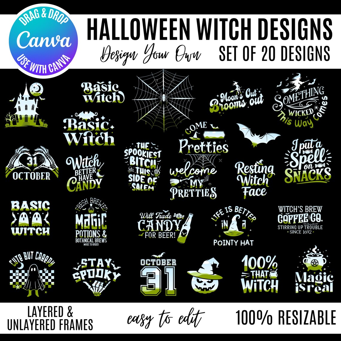 Halloween Witch Hat Clipart Bundle: Spooky Canva Templates (digital ...