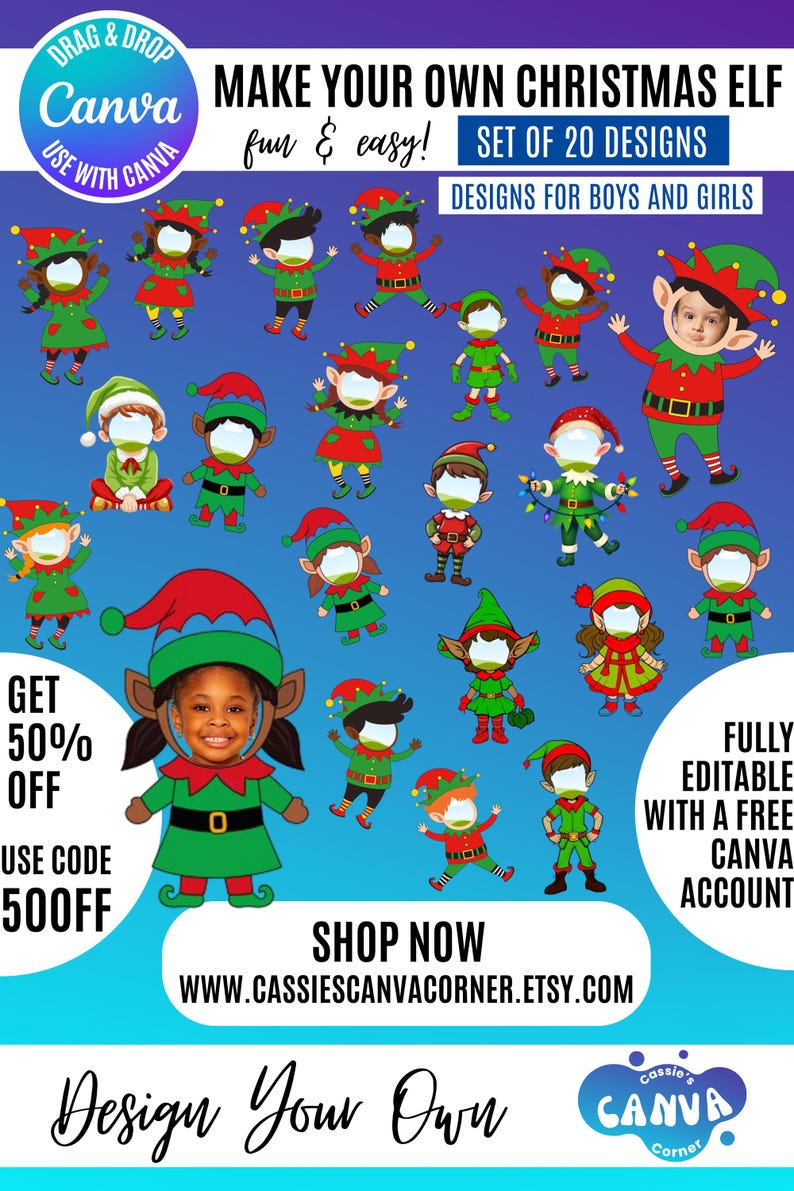 Christmas Elf Photo Frames: 20 Canva Holiday Elf Templates (digital ...
