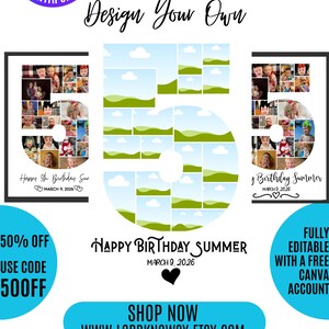 5th Birthday Photo Collage Template: 19 Photo Number 5, Editable Canva ...