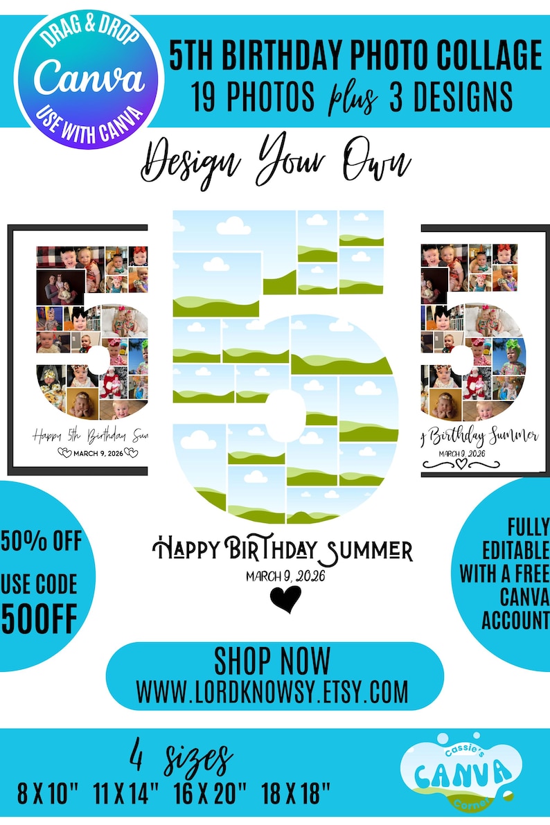 5th Birthday Photo Collage Template: 19 Photo Number 5, Editable Canva ...