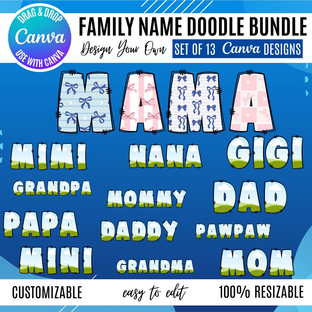 Doodle Family Titles Canva Bundle, Hand-drawn Name Designs for Mama ...