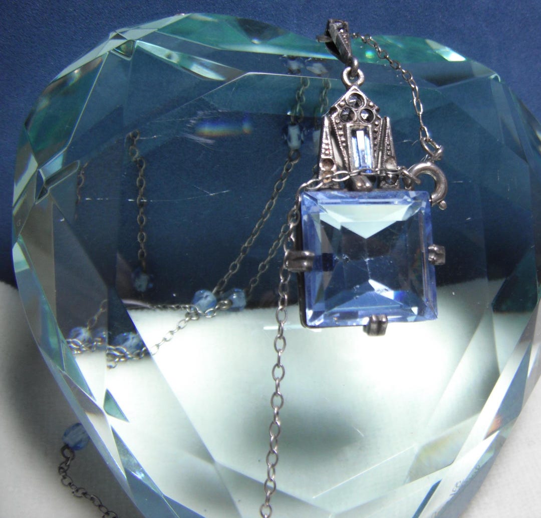 Antique Art Deco Square Cut Blue Czech Glass Sterling Pendant and ...