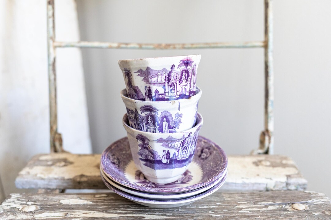Antique W Adams & Sons Purple Transfer Ware Set | Columbia Set of 6 Tea ...