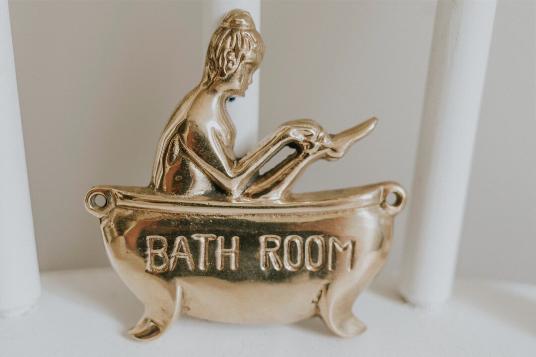 Vintage Solid Brass Bathroom Sign | Brass Lady in a Bathtub Plaque ...