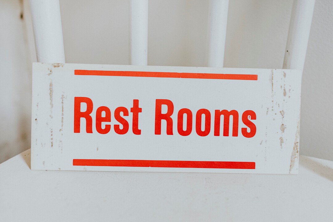 Vintage Red and White Plastic Rest Room Sign | Public Bathroom Sign ...