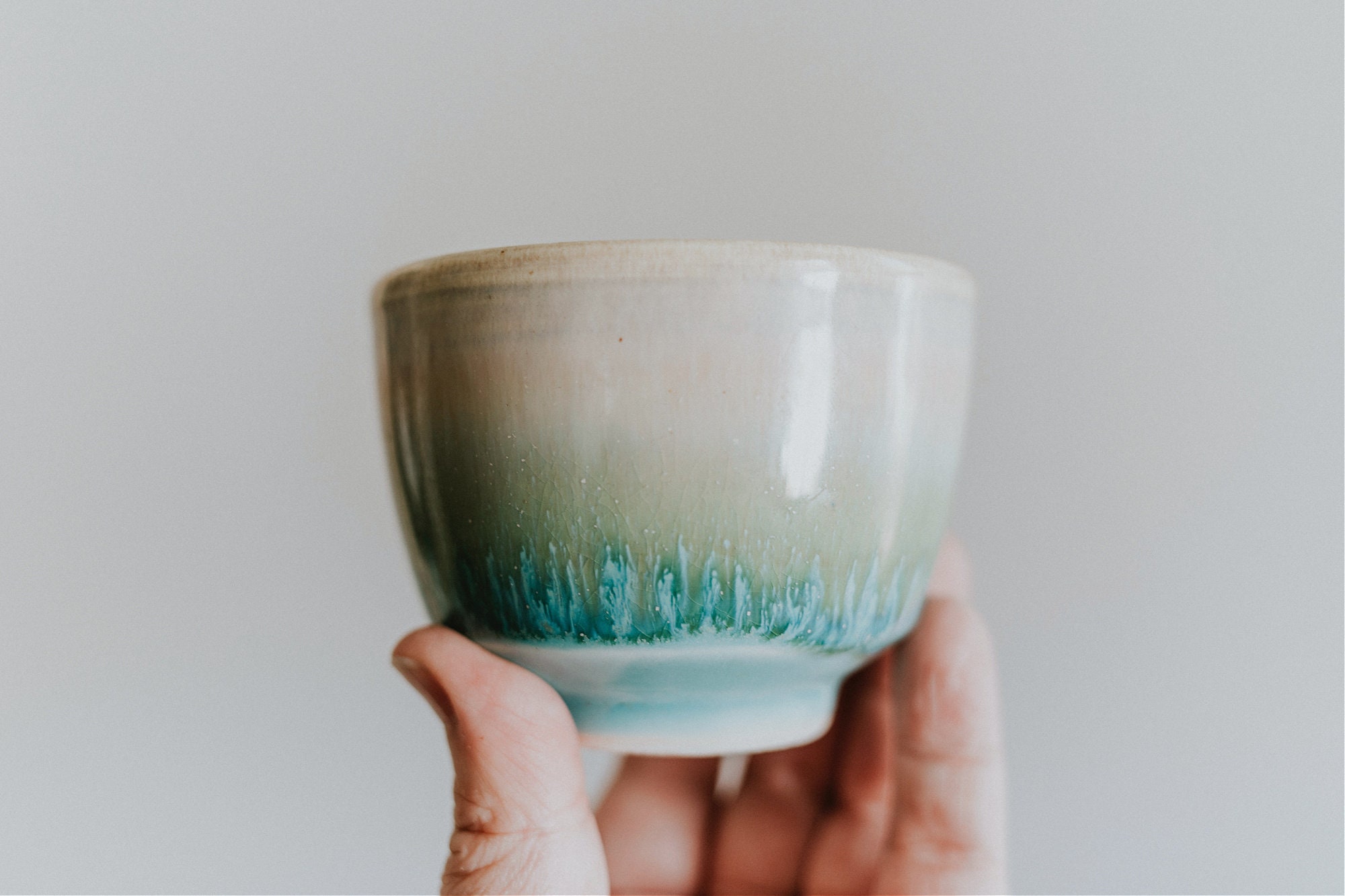 Set of 2 Japanese Style Handleless Tea Cups Blue Green Cream Pottery Sake Cups Ombre Glaze Small ...