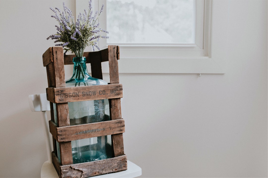 Antique Wood Crated Demijohn | 5 Gallon Blue Glass Carboy in Crate ...