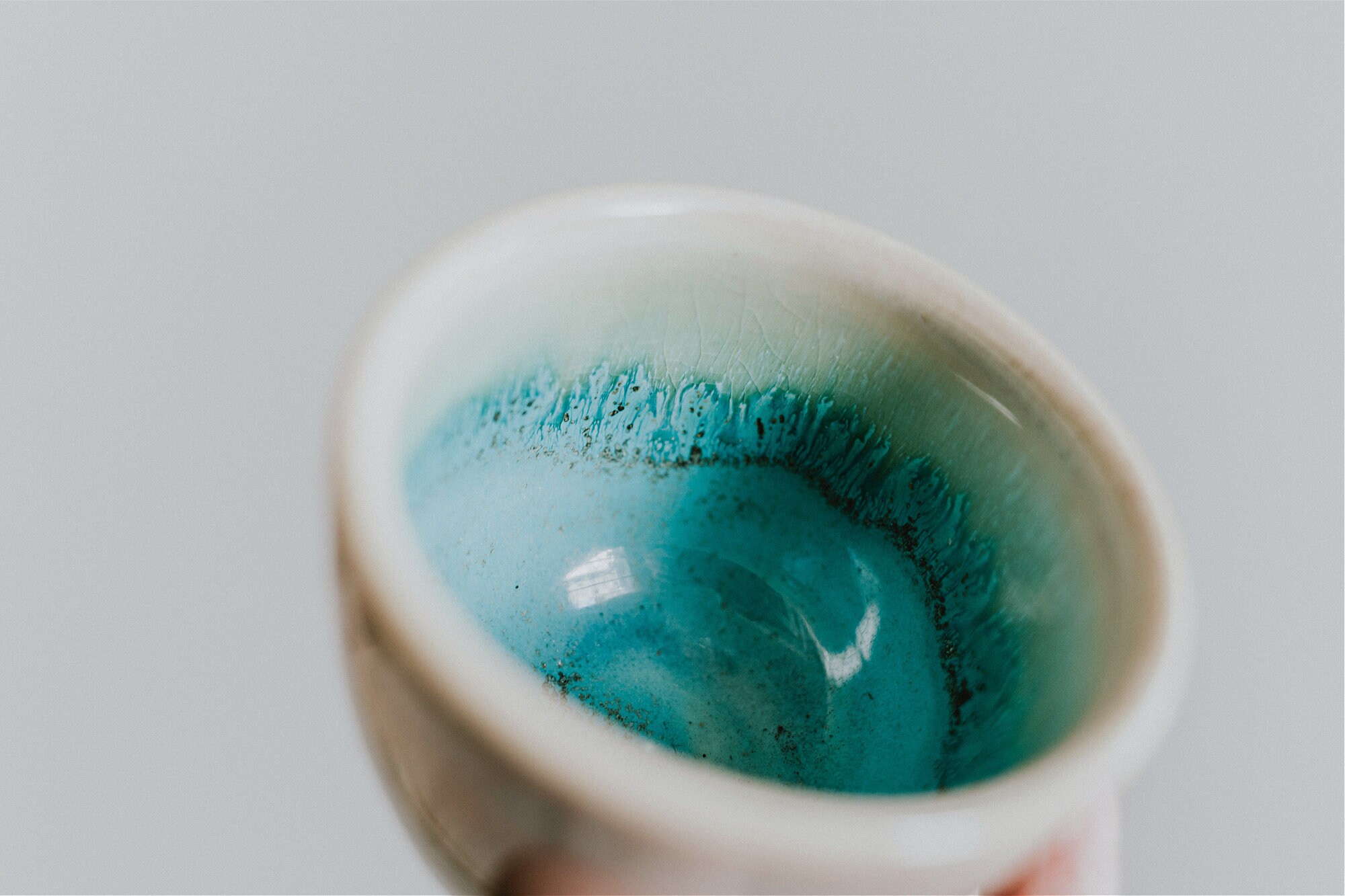 Set of 2 Japanese Style Handleless Tea Cups Blue Green Cream Pottery ...