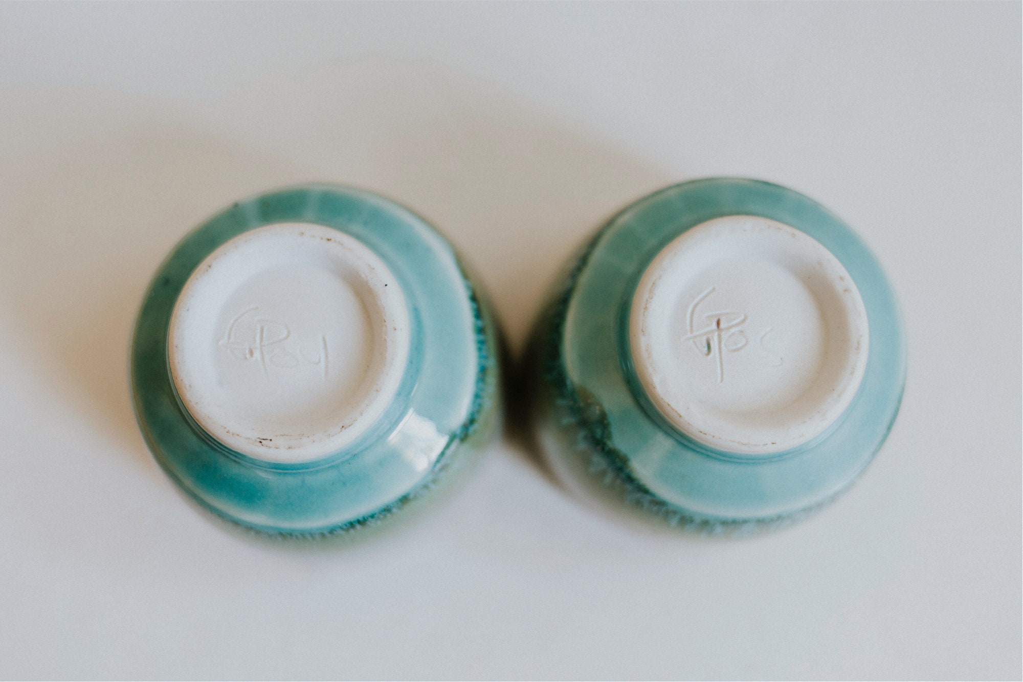 Set of 2 Japanese Style Handleless Tea Cups Blue Green Cream Pottery ...