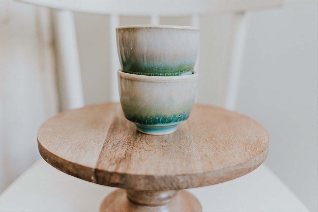 Set of 2 Japanese Style Handleless Tea Cups | Blue Green Cream Pottery ...