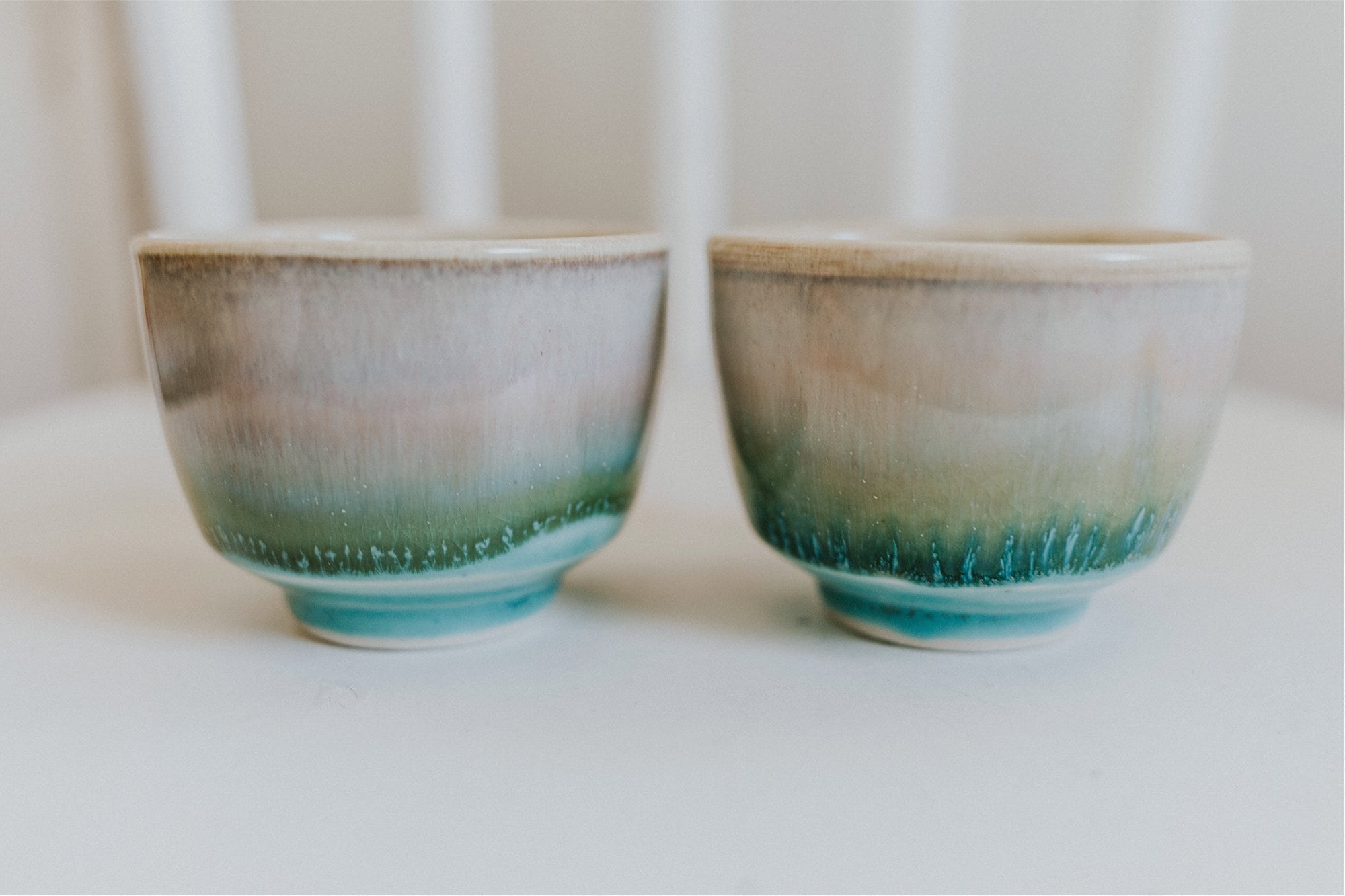 Set of 2 Japanese Style Handleless Tea Cups Blue Green Cream Pottery ...