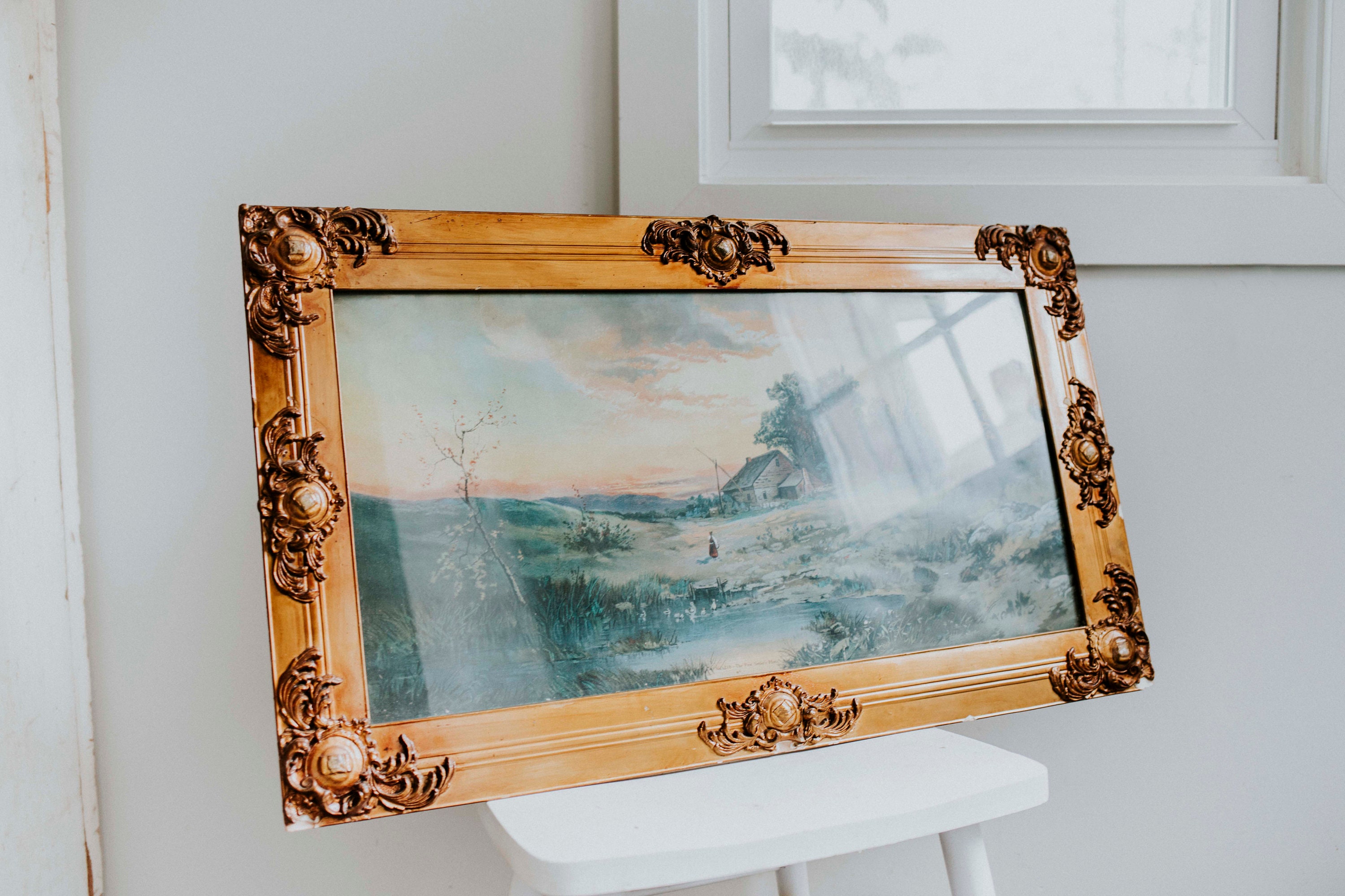 LARGE Antique Ornate Gilded Gesso Frame With Original Print Rare Extra ...