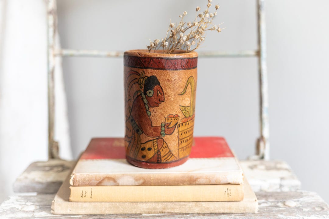 Vintage Aztec/mayan Hand Painted Polychrome Cup | Mayan Pottery ...