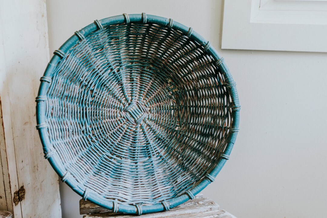 LARGE Vintage Blue Wicker Round Basket | Thick and Chunky Vintage Blue ...