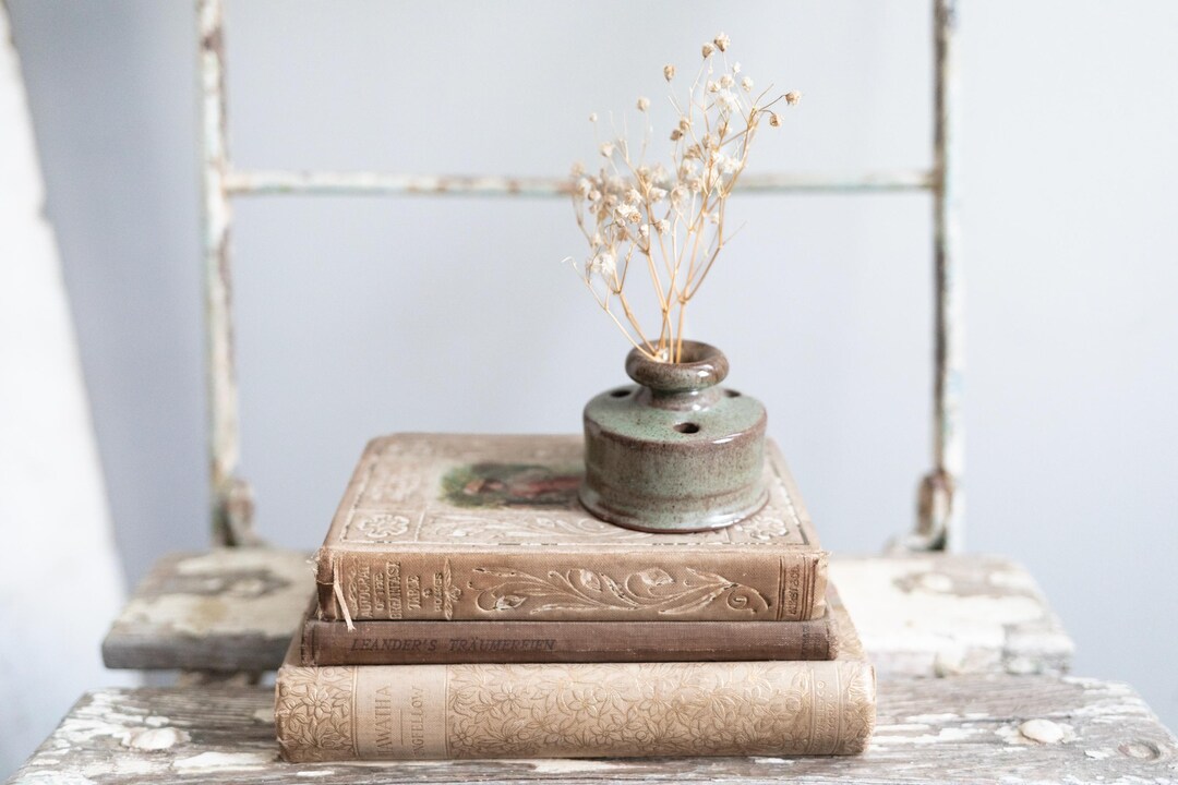 Vintage Green and Tan Redware Pottery Inkwell | Stoneware Ink Pot | Old ...