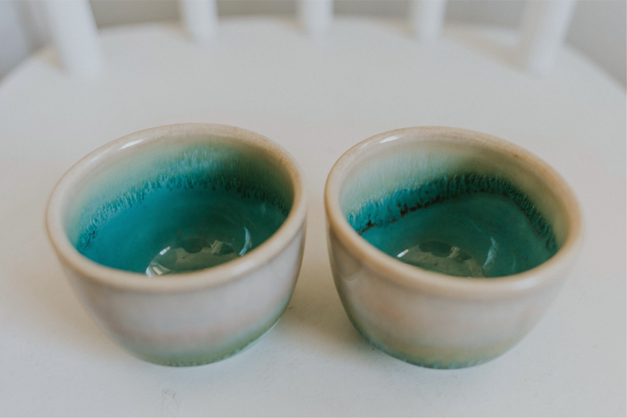 Set of 2 Japanese Style Handleless Tea Cups Blue Green Cream Pottery ...