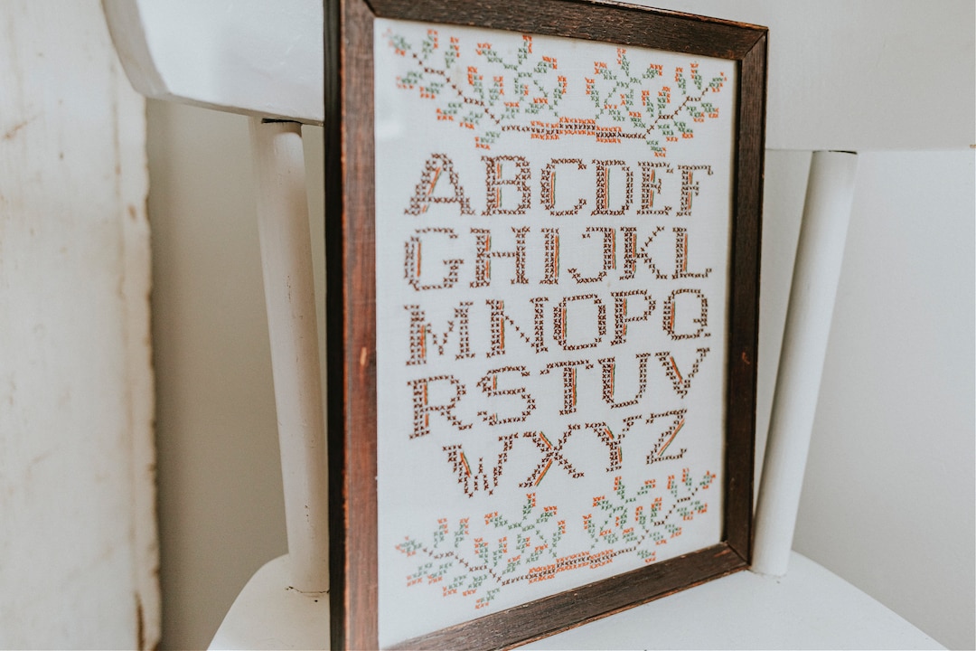 Framed Cross Stitch Alphabet Sampler | ABC Embroidery | Dark Wood ...