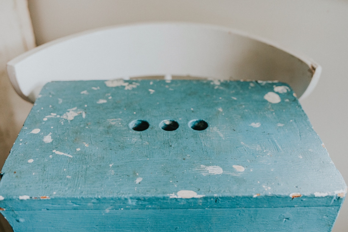 Large Vintage Handmade Blue Painted Wood Stool Heavy and Solid Wood ...